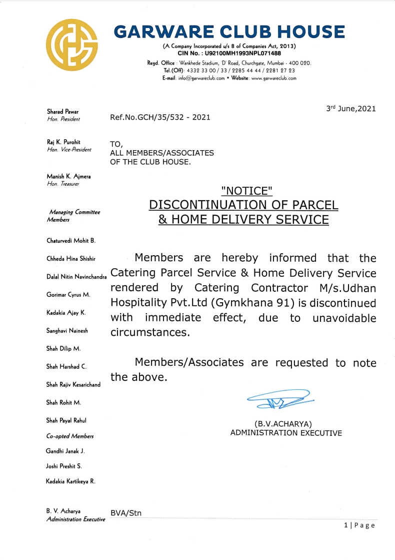 Notice Parcel Service Discontinuation - Garware Club House