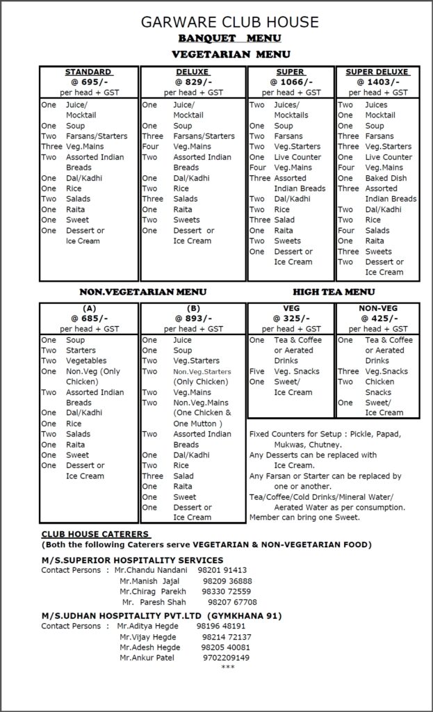 Banquet Hall Menu – Garware Club House