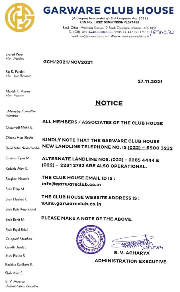 Notice New Telephone Number - Garware Club House