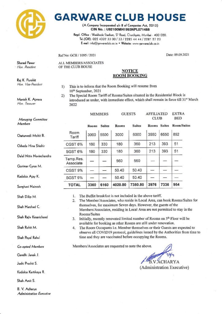 Room Tariff – Garware Club House