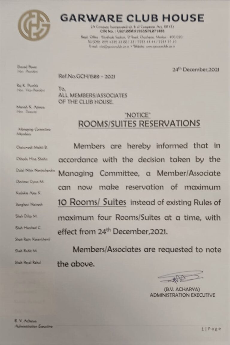 Notice Rooms and Suites - Garware Club House