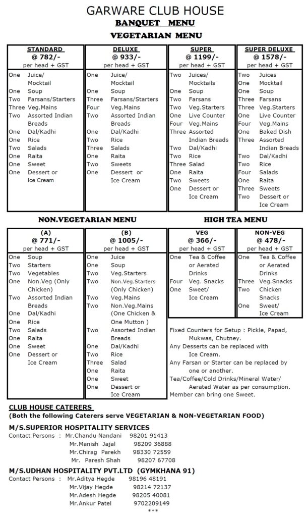 Banquet Hall Menu - Garware Club House