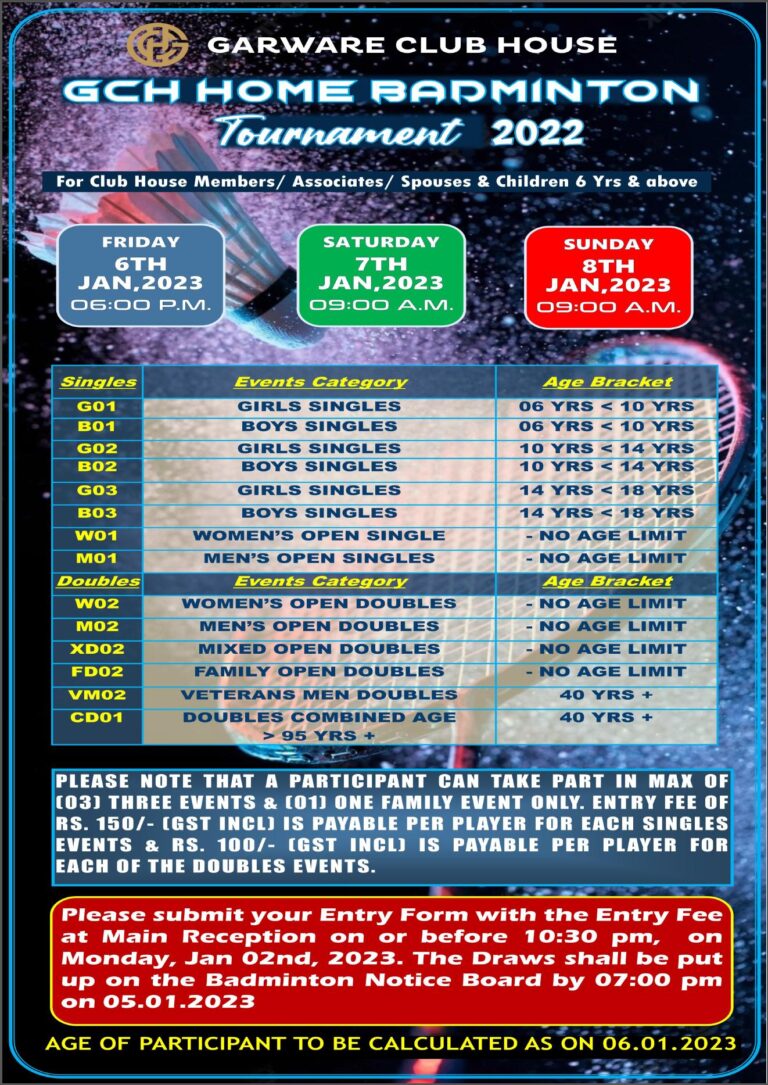 GCH Home Badminton Tournament 2022 - Garware Club House