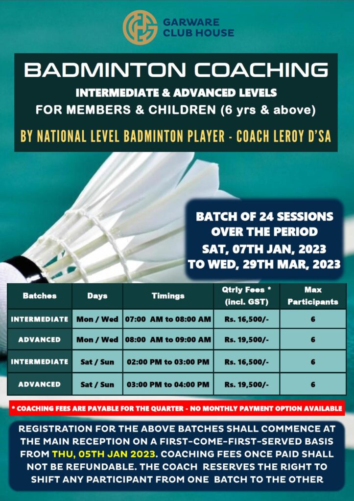 Badminton Coaching for Intermediate & Advanced Level Jan to Mar 2023 ...