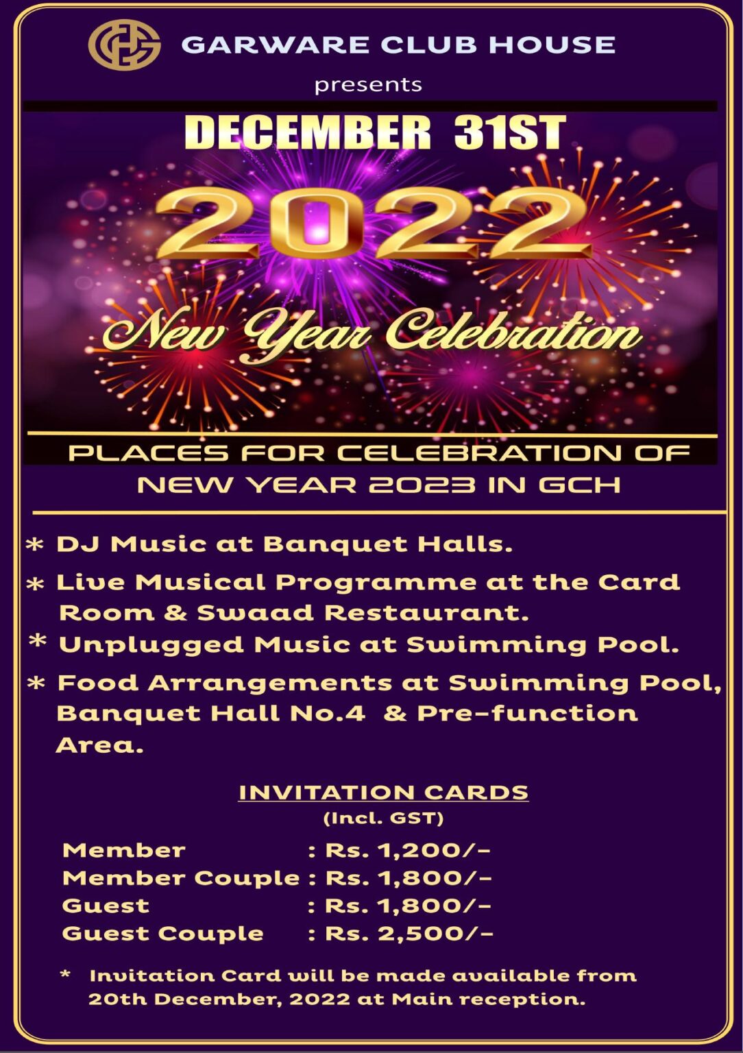 GCH New Year Night Celebration on Saturday, 31st December, 2022 ...