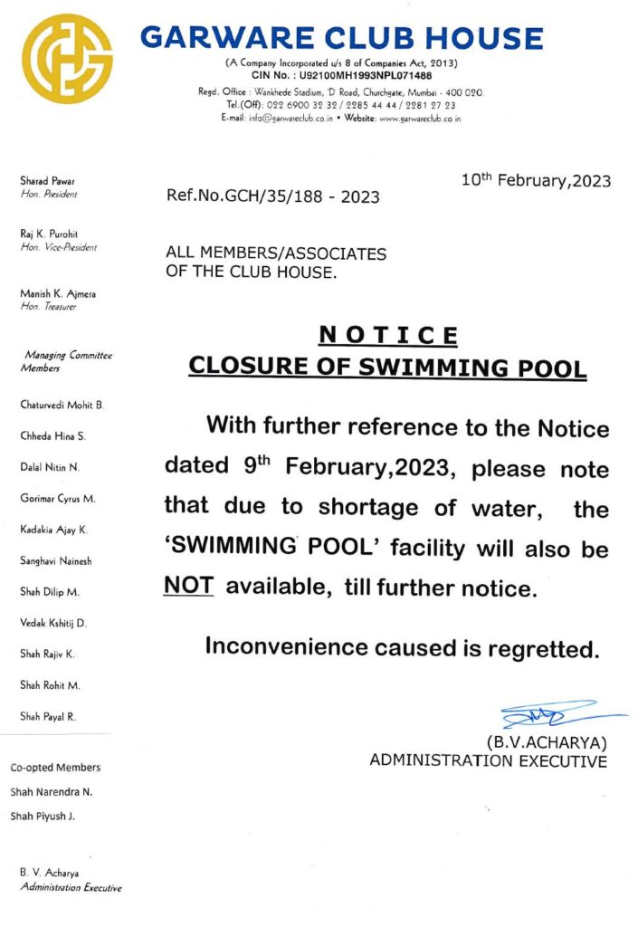 Notice regarding Closure of Swimming Pool - Garware Club House
