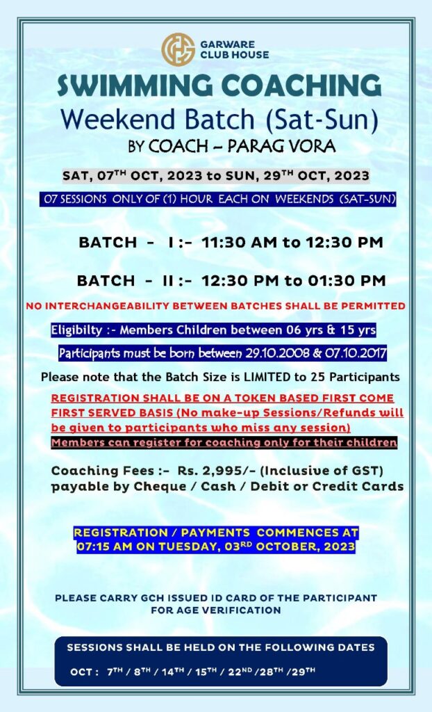 Weekend Swimming Coaching October, 2023 Batch - Garware Club House