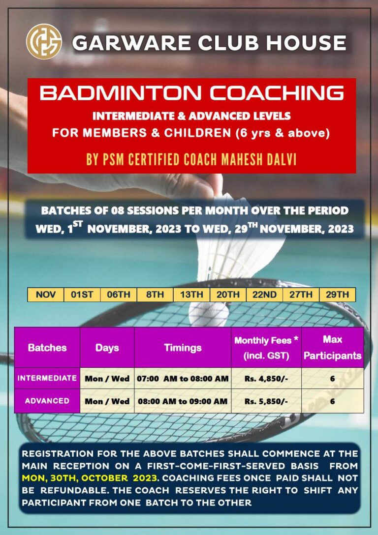 Badminton Coaching (Morning) November 2023 Batch - Garware Club House