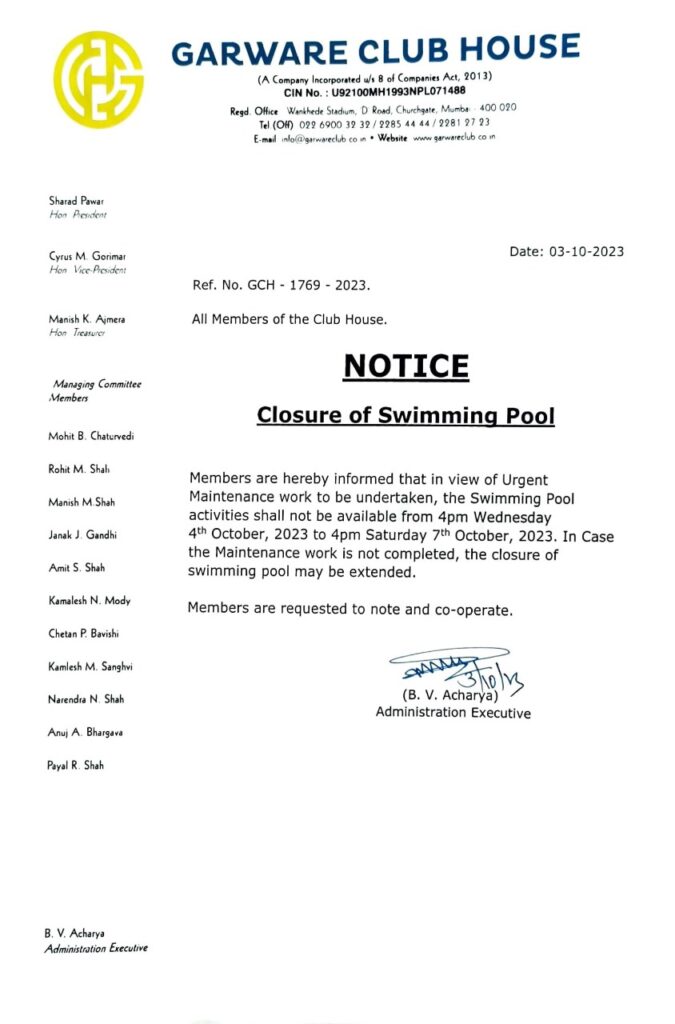 Notice Regarding Closure of Swimming Pool - Garware Club House