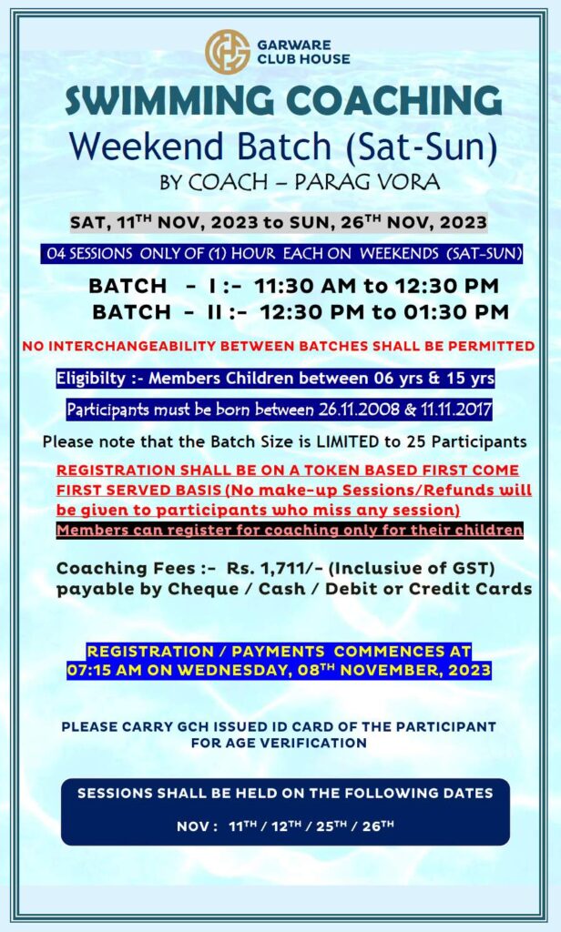 Weekend Swimming Coaching November 2023 Batch - Garware Club House