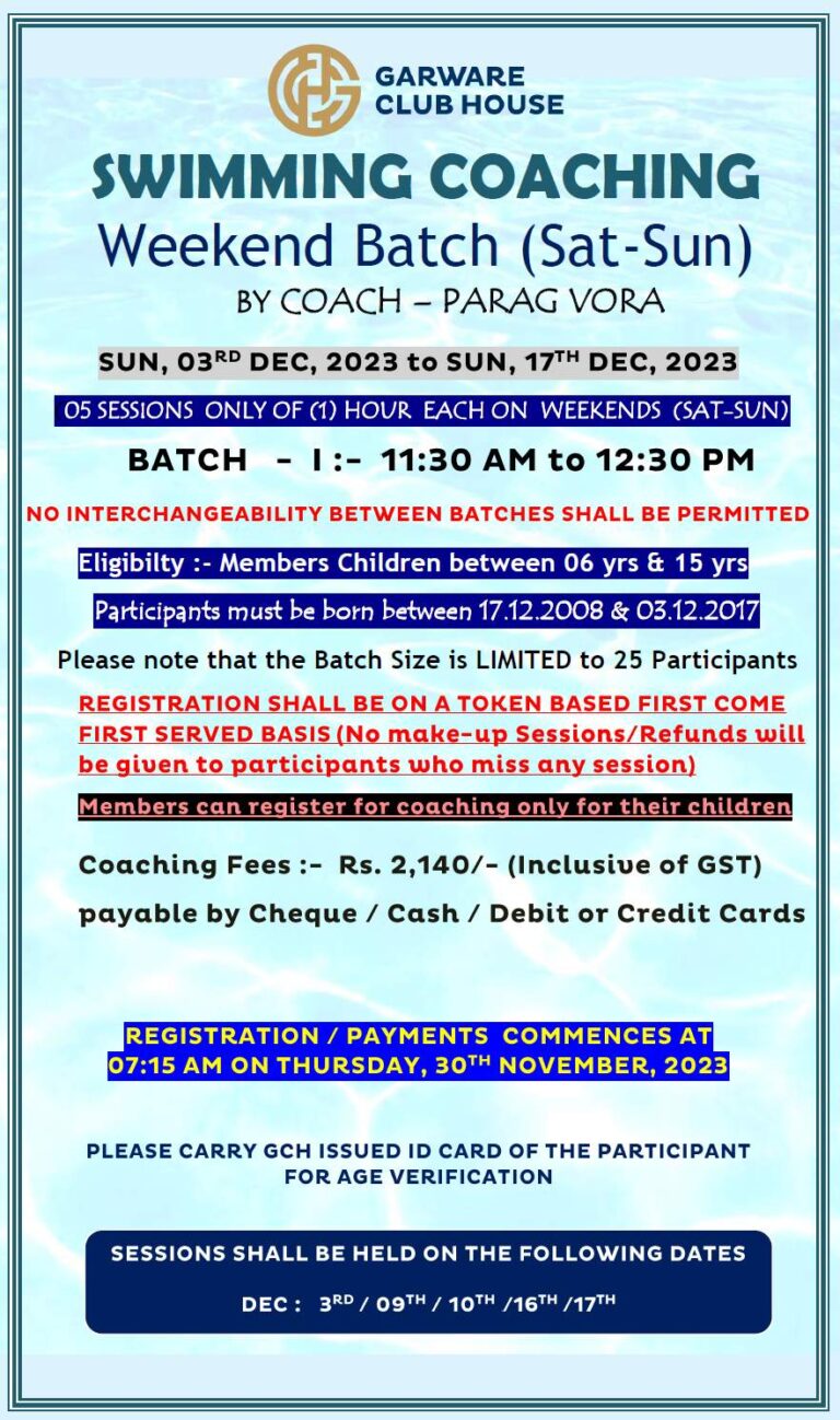 Weekend Swimming Coaching December 2023 Batch - Garware Club House