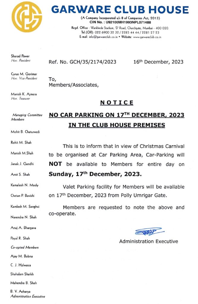 No Parking on Sunday 17 Dec 2023 - Garware Club House