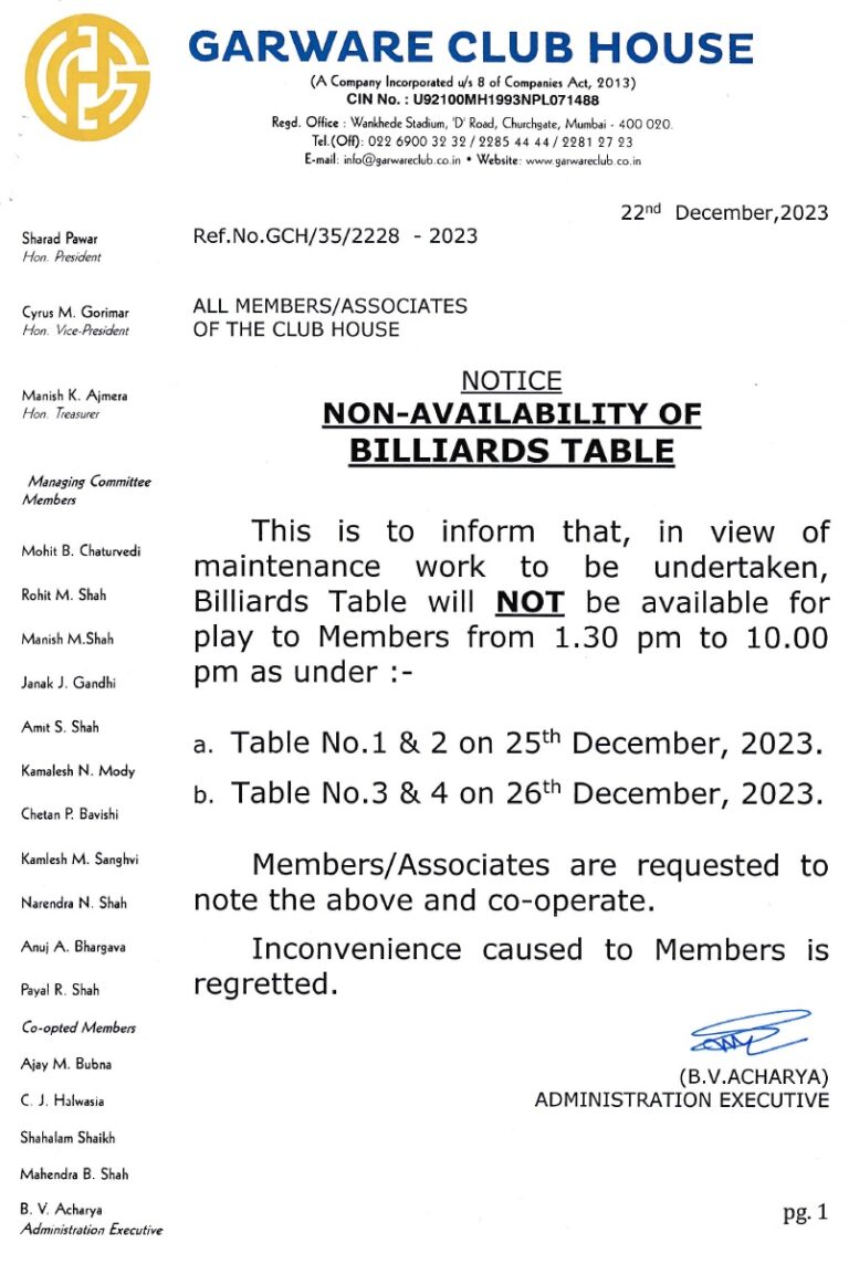 Non-availability of Billiards Table - Garware Club House