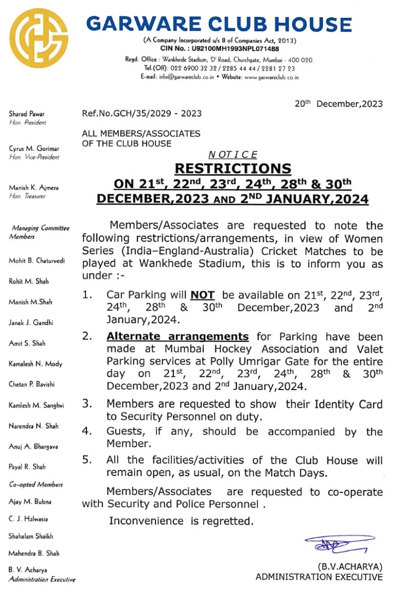 Parking Restriction Notice for Dec 2023 - Garware Club House