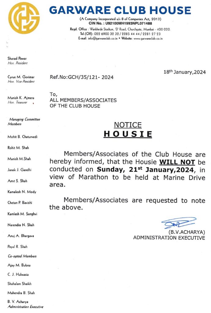 Notice Regarding Housie - Garware Club House