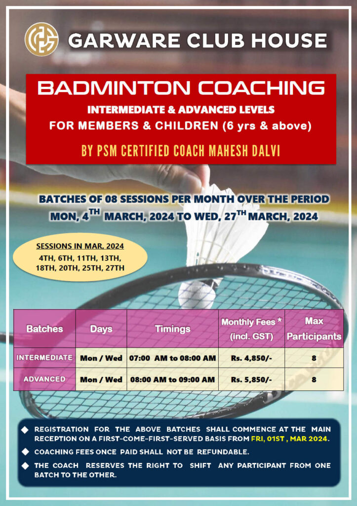 Badminton Coaching Morning March 2024 Batch - Garware Club House