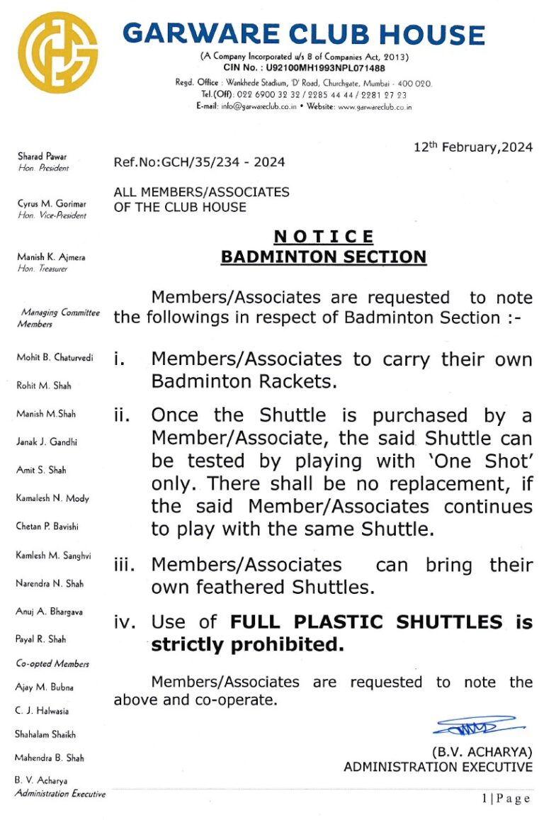 Notice Badminton Section - Garware Club House