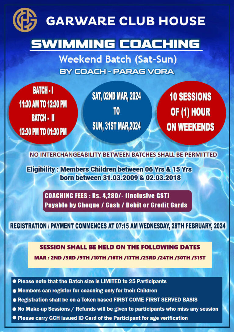 Weekend Swimming Coaching March 2024 Batch - Garware Club House