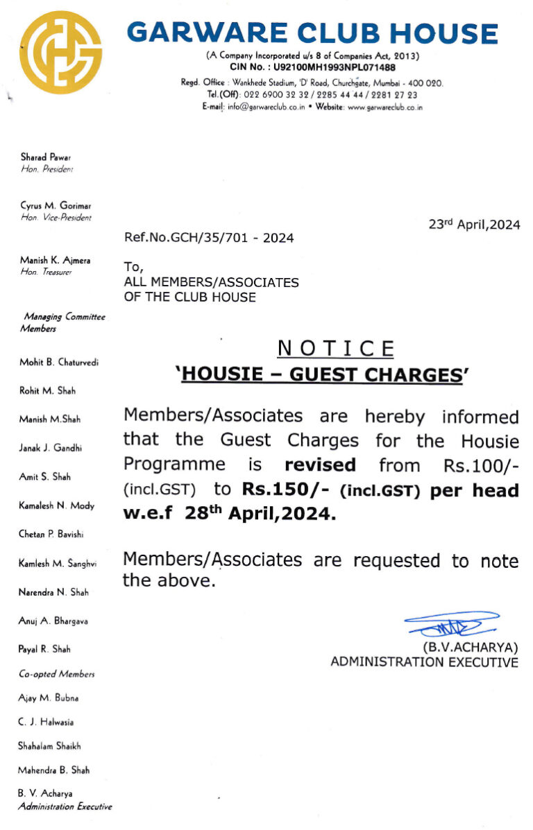Notice Regarding Housie Guest Charges - April 2024 - Garware Club House