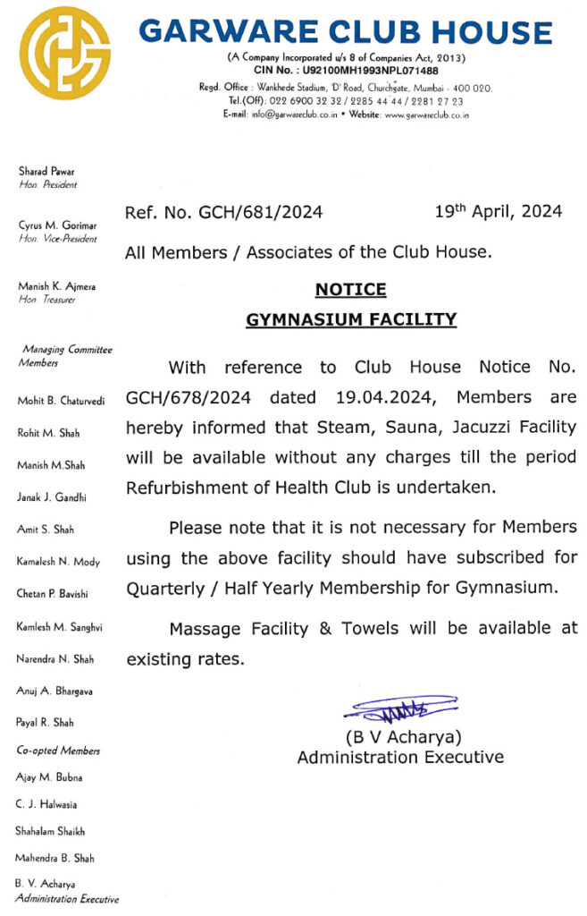 Notice Regarding Gym Facility - Garware Club House