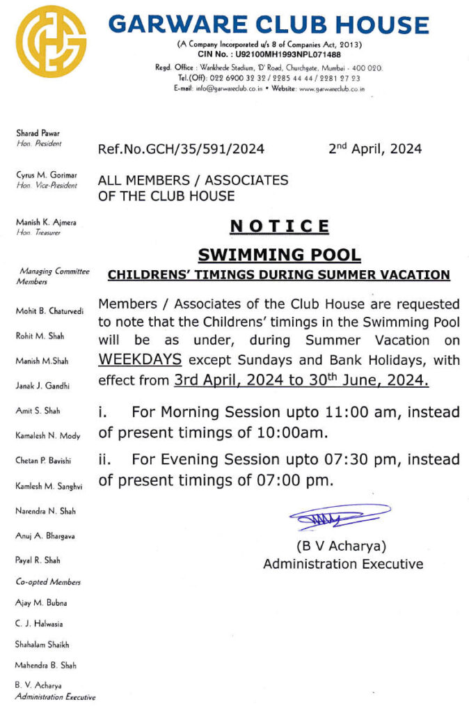 Notice Regarding Swimming Pool Childrens' Timings During Summer ...