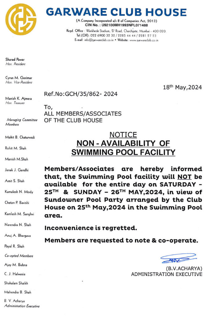 Non-availability Of Swimming Pool Facility - Garware Club House
