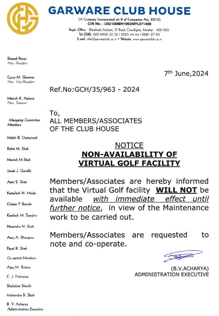 Non-availability of Virtual Golf Facility - Garware Club House