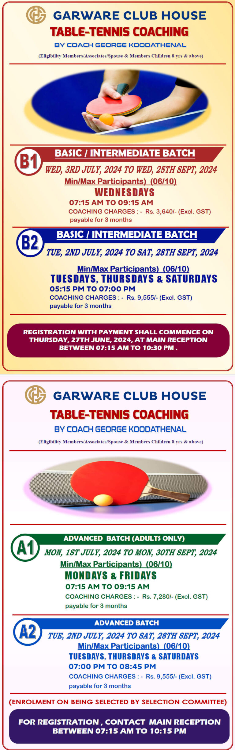 Quarterly Table-tennis Coaching For Basic/ Intermediate & Advanced ...