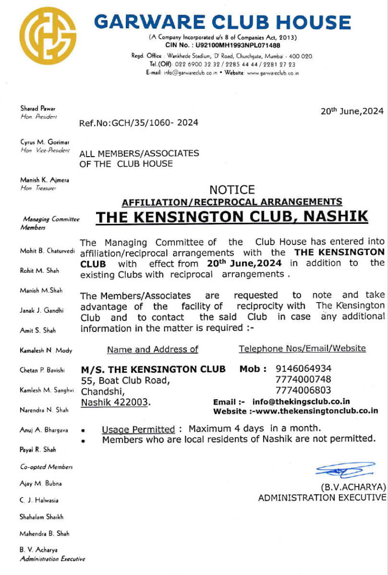 Affiliation-Reciprocal Arrangements-The Kensington Club, Nashik ...