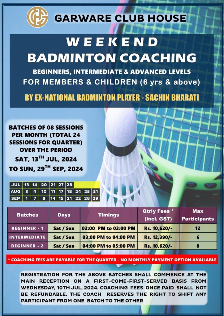 Quarterly Weekday Badminton Coaching Jul-Sep 2024 Batch For Beginners ...