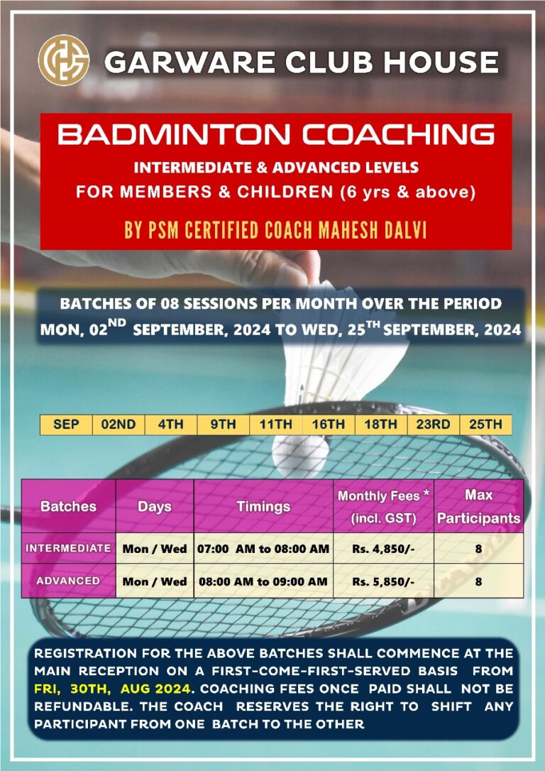 Badminton Coaching (Morning) September 2024 Batch for Intermediate and ...