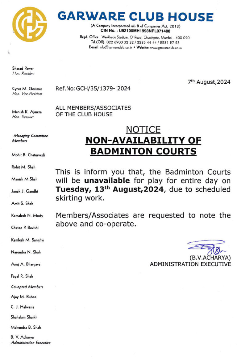 Non Availability of Badminton Court - Garware Club House