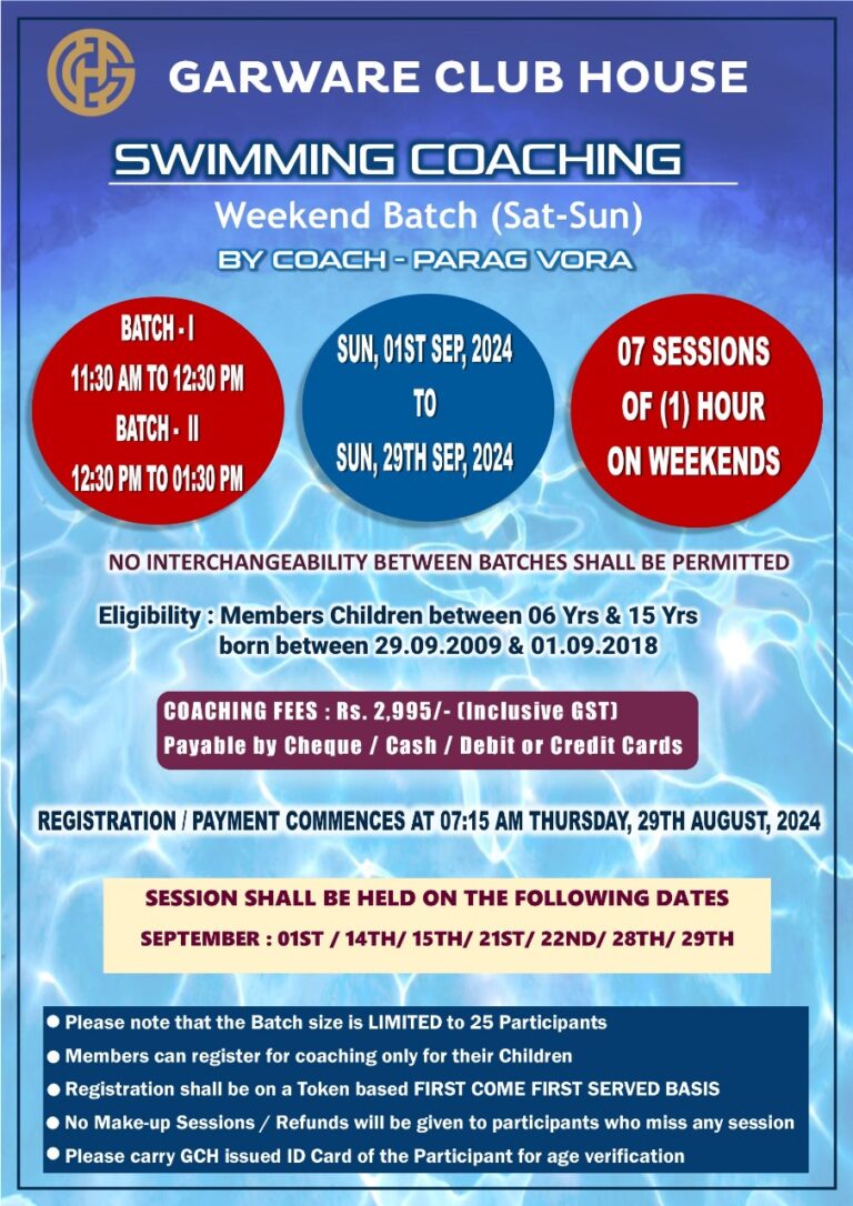 Weekend Swimming Coaching September 2024 Batch - Garware Club House