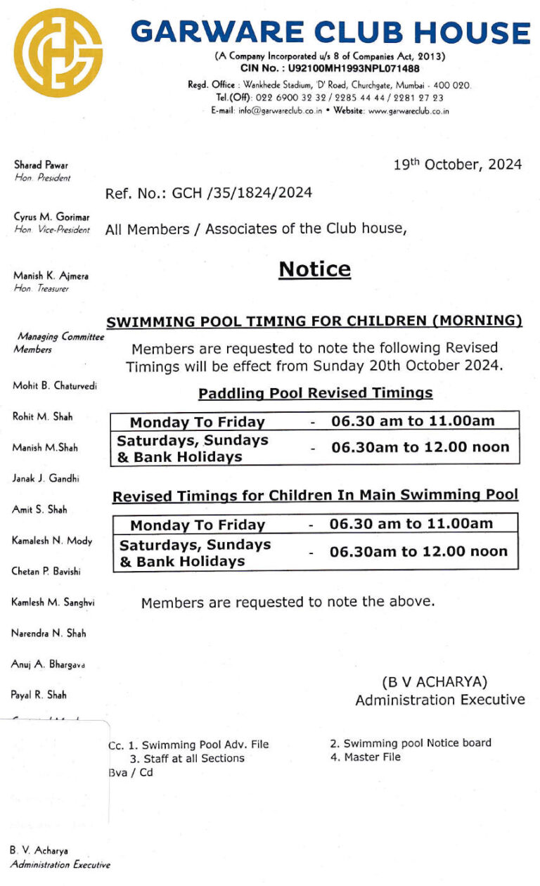 Swimming Pool Timing for Children (Morning) - Garware Club House