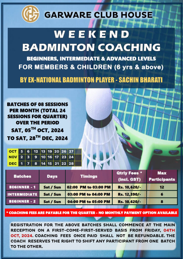 Weekend Badminton Coaching for Beginner & Intermediate Level - Oct to ...