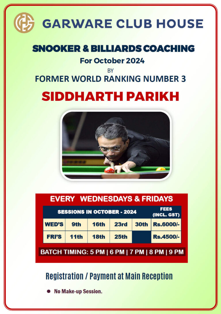 Snooker & Billiards Coaching for October 2024 - Garware Club House