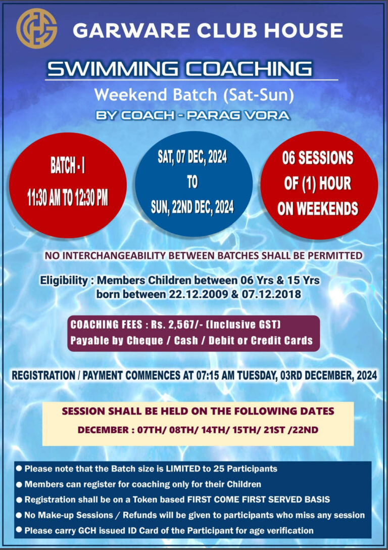 Weekend Swimming Coaching - Dec 2024 Batch - Garware Club House