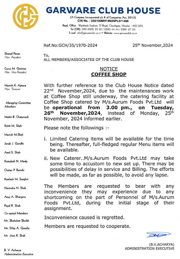 Notice Dt. 25 Nov 2024 Regarding Coffee Shop - Garware Club House
