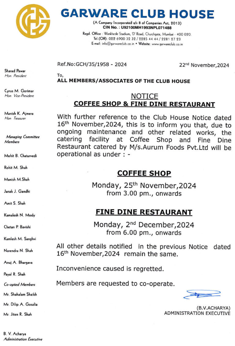 Notice Dt. 22 Nov 2024 Regarding Coffee Shop & Fine Dine Restaurant ...