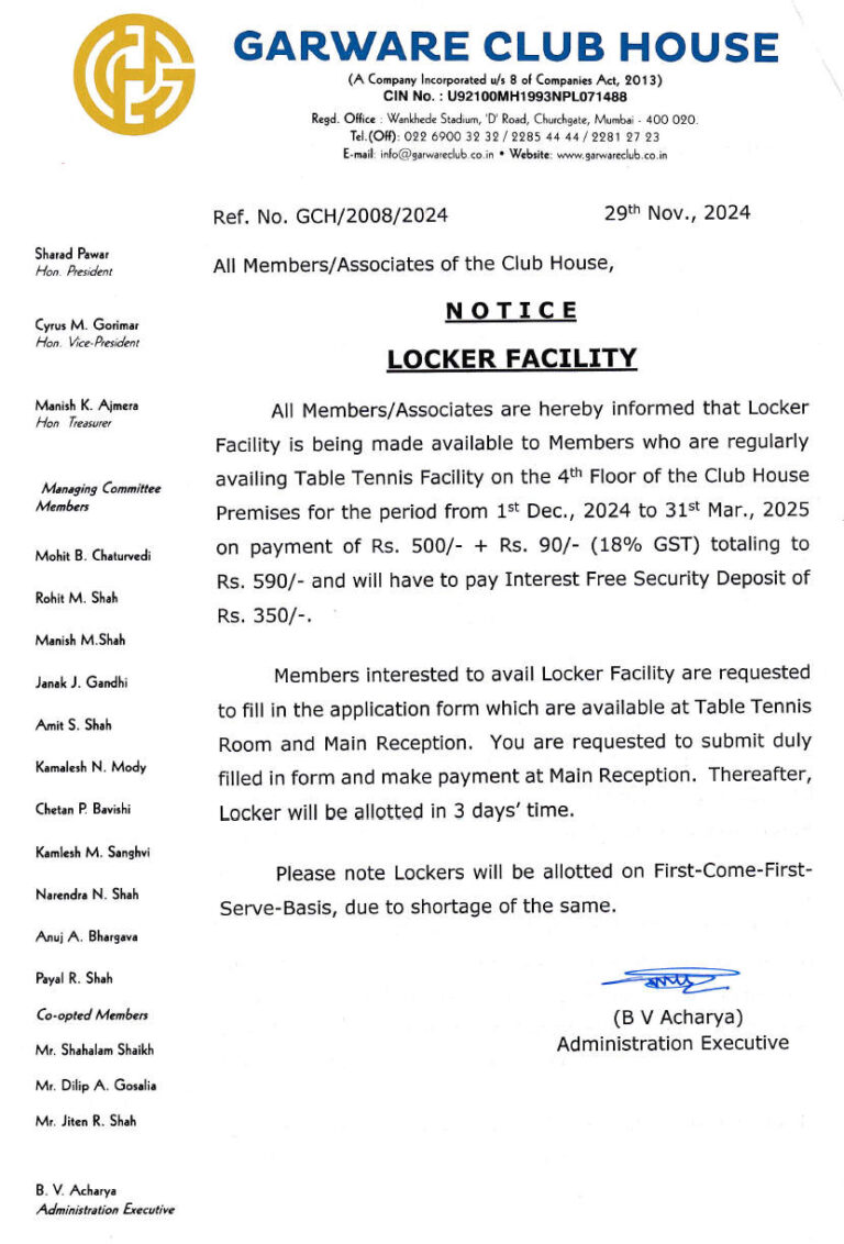 Notice Dt.29.11.2024 Regarding Locker Facility - Garware Club House
