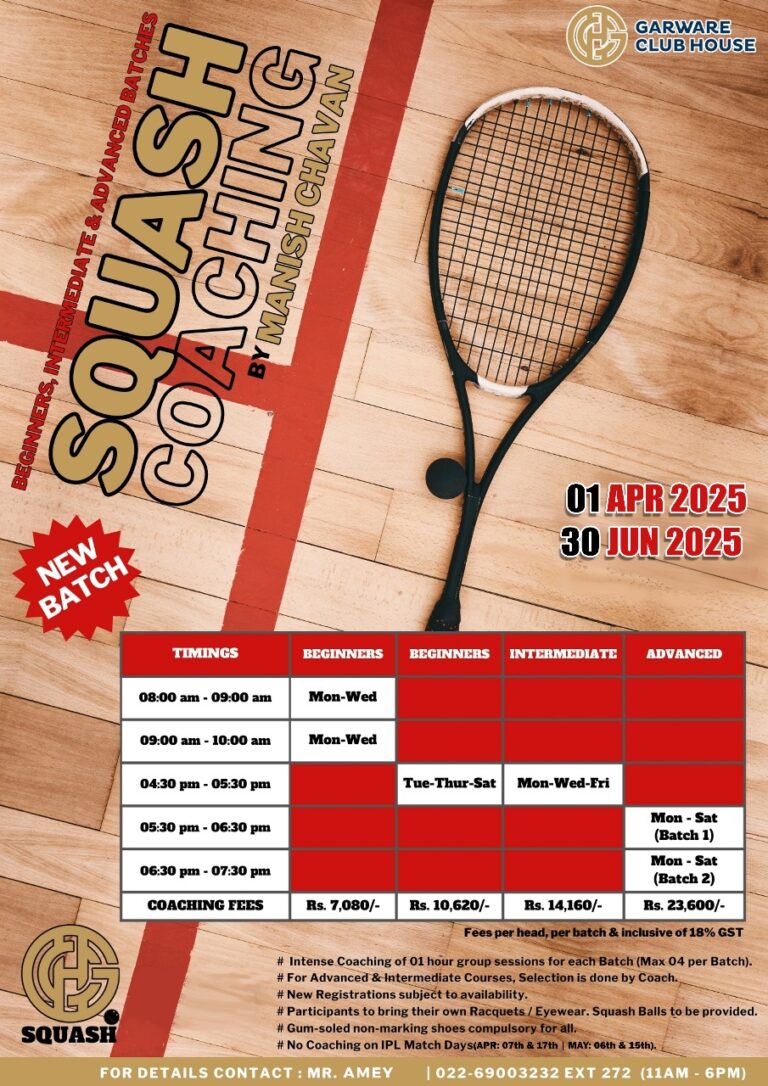 Quarterly Squash Coaching for Beginner, Intermediate & Advanced Levels - (Apr-May-Jun 2025 Batch ...