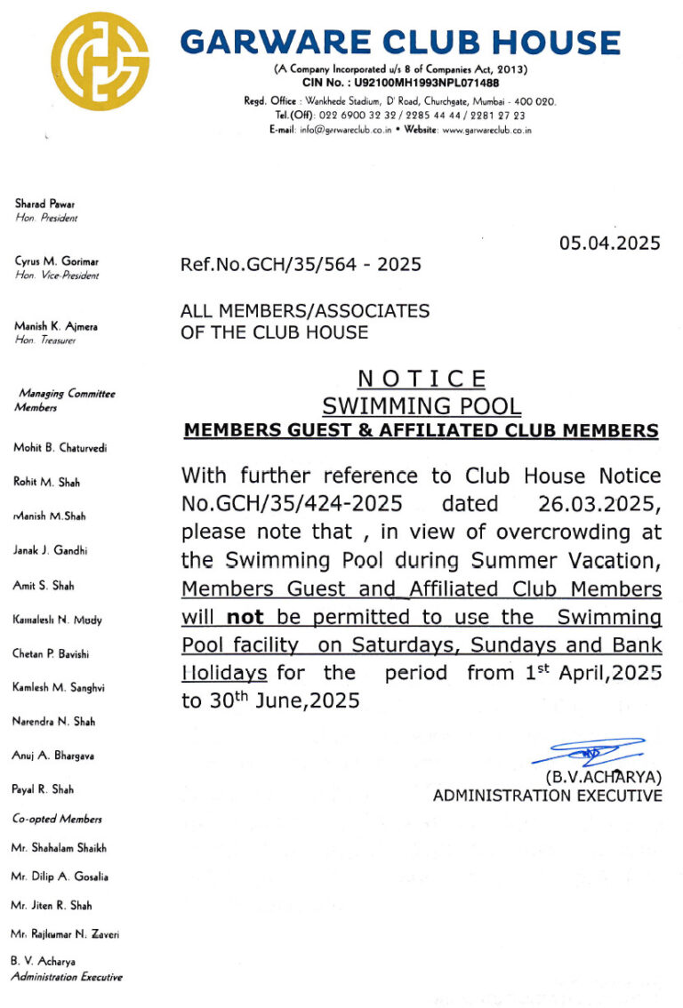 Notice Dt.05.04.2025 Regarding Swimming Pool - Garware Club House