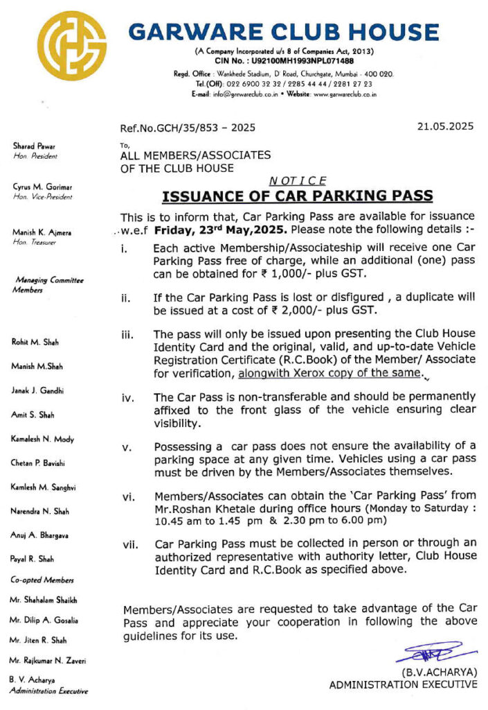 Issuance of Car Parking Pass - Garware Club House